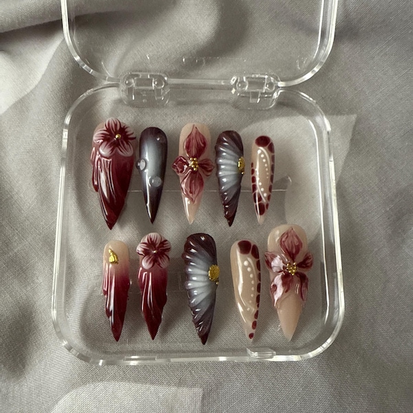 Pink Mermaid Press on Nails, Seashell 3D Gel Nails With Flowers ...