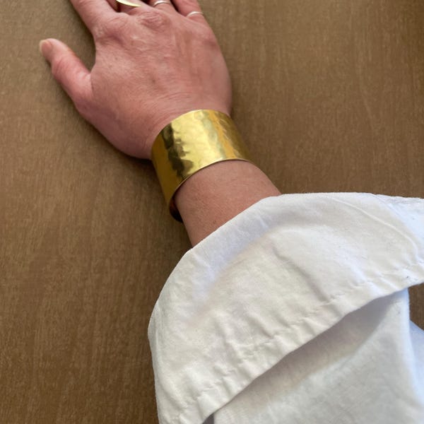 Wide Plain Brass Cuff, Simple Hand Hammered Big Gold Boho Bracelet ...