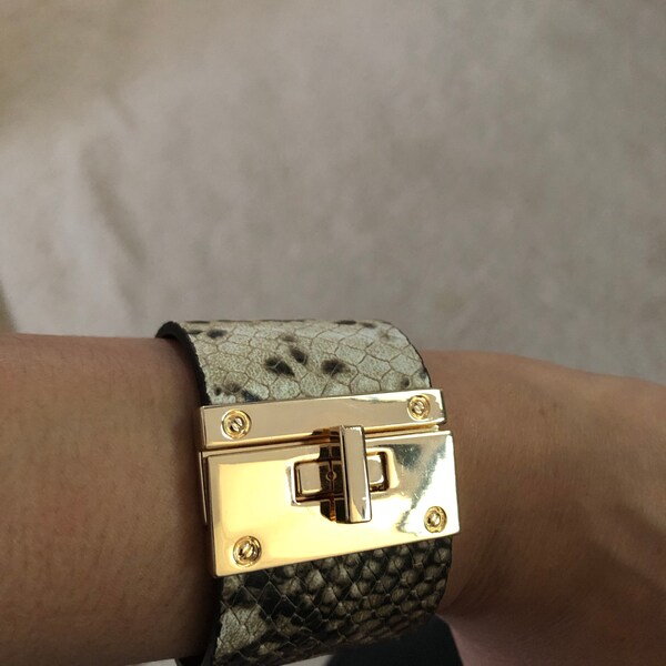 Python Pattern Wide Leather Cuff for Women (brown and Ivory), Italian ...