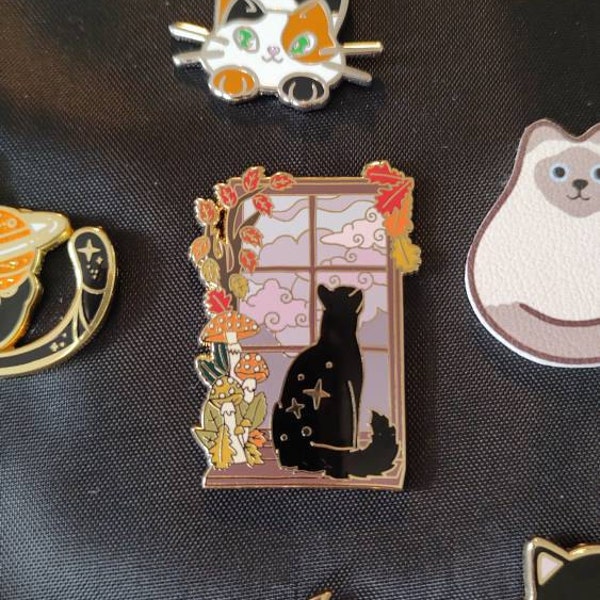 Autumn Fall Window Cat Enamel Pin; Black Cat in Stormy Window With ...