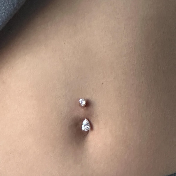 14k Solid Gold Belly Button Ring Navel Piercing Round Shape Two Stones ...