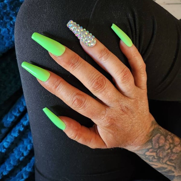 Neon Yellow Bling Nails With Bling Crystal Bow / Coffin Diamond Press ...