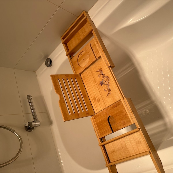 Personalised Bamboo Extendable Bath Caddy Tray, Engraved Adjustable ...