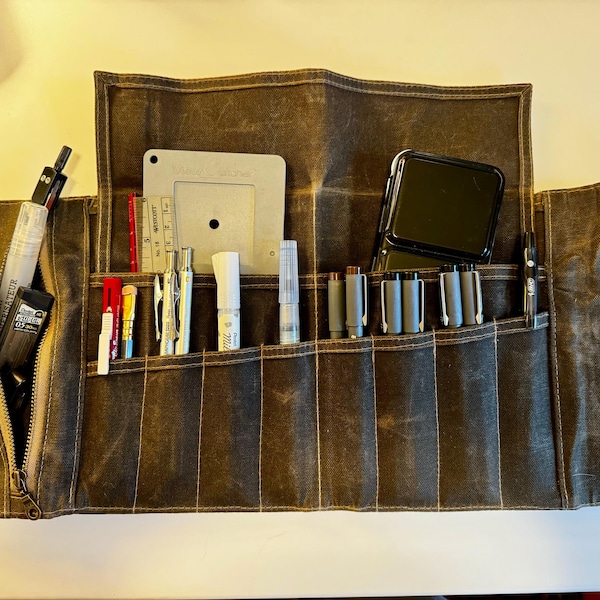 Large Waxed Canvas Journal Pouch, Roll up Pencil Case Pen Holder, Art ...