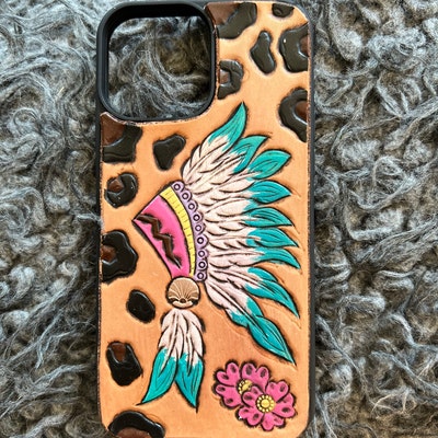 IPhone Indian Headdress and Leopard Tooled Phone Case - Etsy