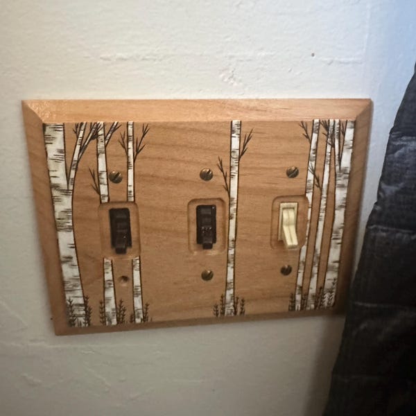 Wooden Triple Light Switch Cover With Wood Burned & Water Colored Birch ...