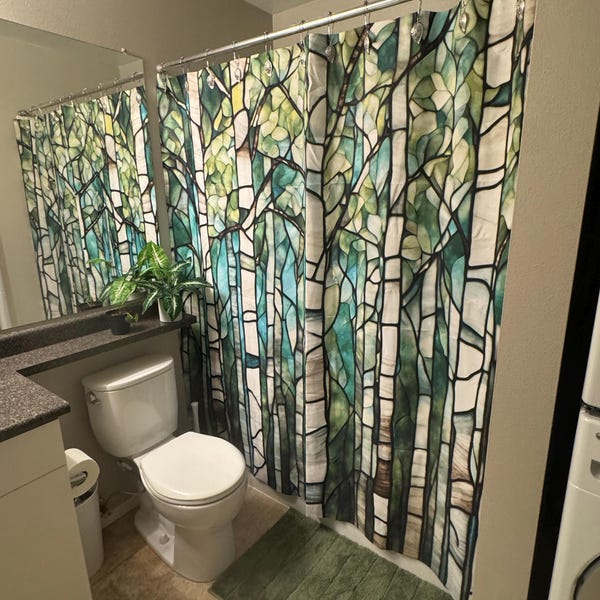 Stained Glass Birch Trees Shower Curtain Modern Art Deco Forest Scenery ...