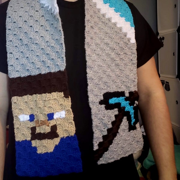 Crochet Pattern Minecraft Scarf, C2C Pattern Steve & Diamond Pickaxe ...