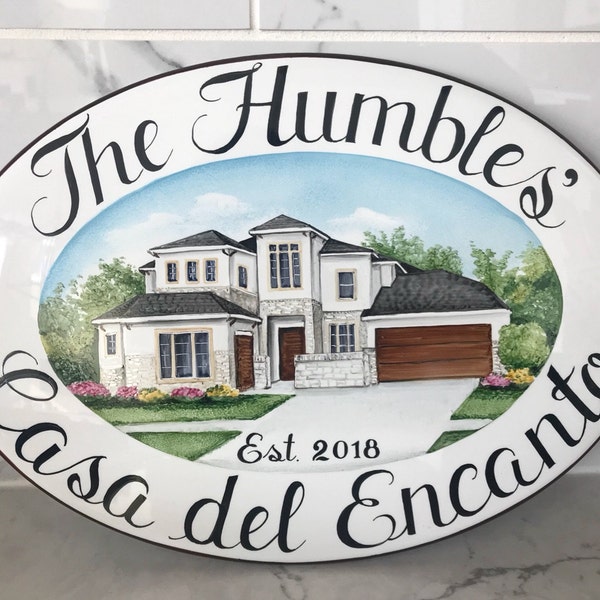 Personalized Ceramic House Portrait Sign, Custom Outdoor Plaque With ...
