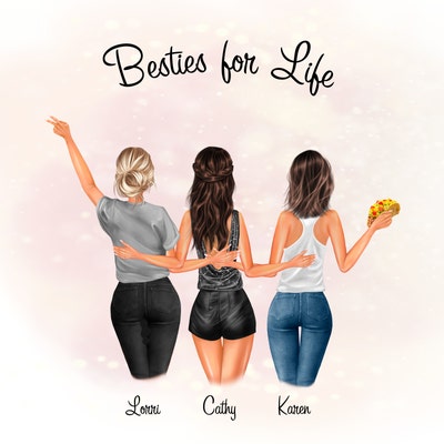 3 Best Friends Drawing Three Besties Print Friendship Poster 3 - Etsy