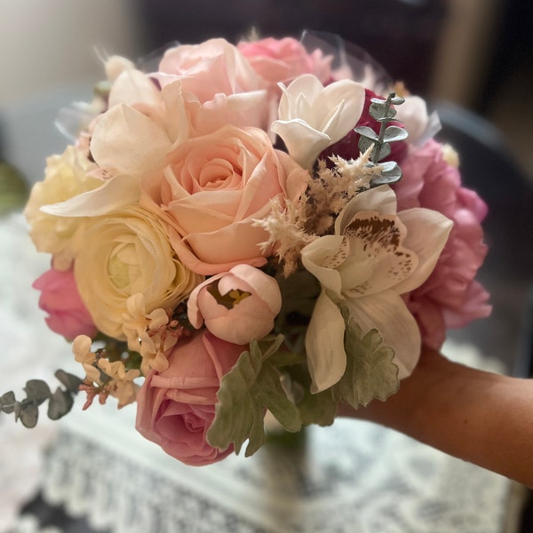 Faux Real Touch Flowers Pink Cream Wedding Bouquet, Hot Pink Roses ...