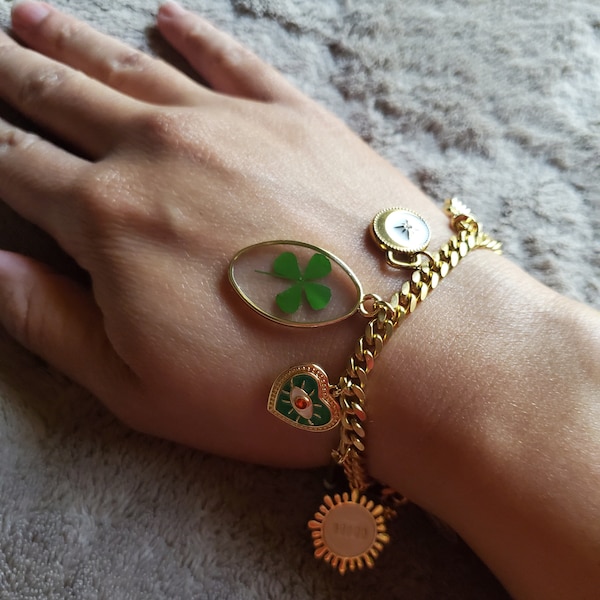 CHARM BRACELET, Clover Charm, TEN Charms, Vintage Chain, Curb Chain ...