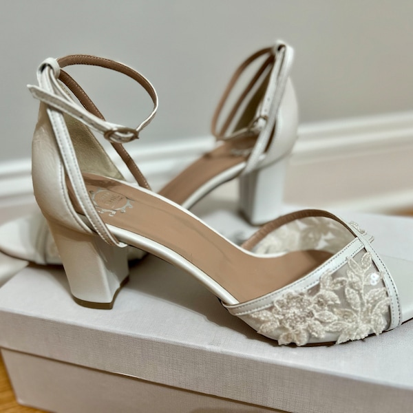 Ivory Lace Wedding Heels With Embroidered Details, Bridal Block Heels ...