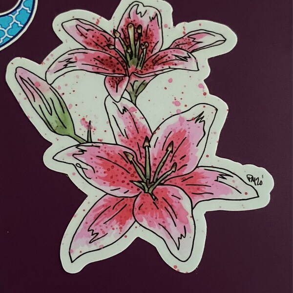 Pink Lily Vinyl Sticker, Lillies Sticker, Watercolor Flower Sticker ...