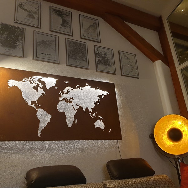 Weltkarte Metall Beleuchtet