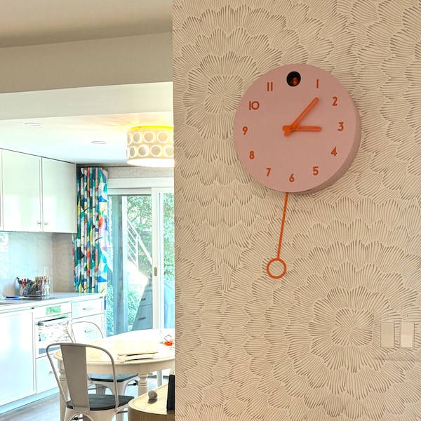 Pink Cuckoo Clock, Orange Details, Modern Wall Decor, Minimalist Wooden ...