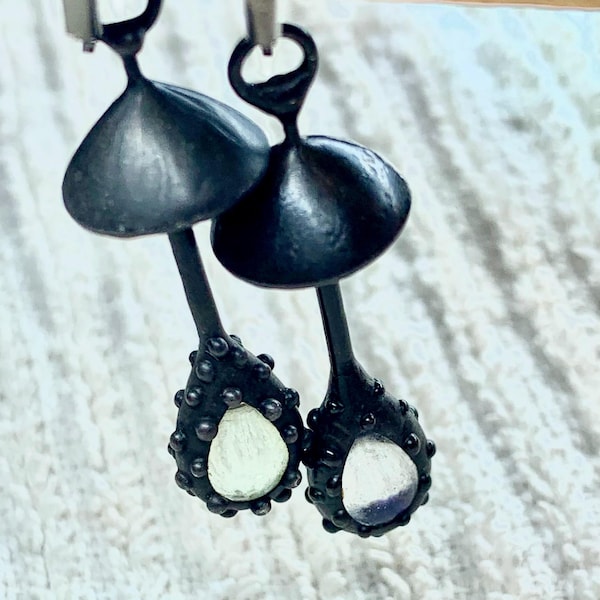 Magic Forest Necklace With Metal Mushrooms and Green Glass, Psychedelic ...