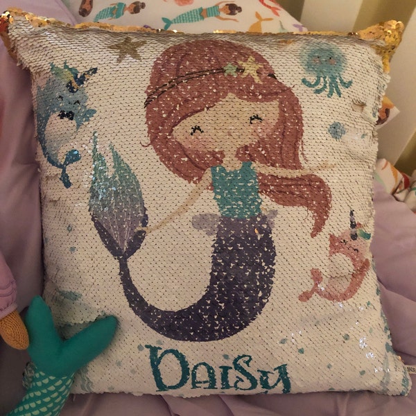 Under the Sea Mermaid Sequin Pillow | Reversible Sequin Sea Life ...