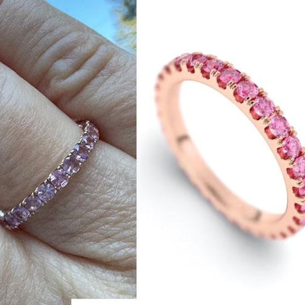 Pink Sapphire Ring 6 Stone Eternity Band Soft Pink Gemstone Ring 14K ...