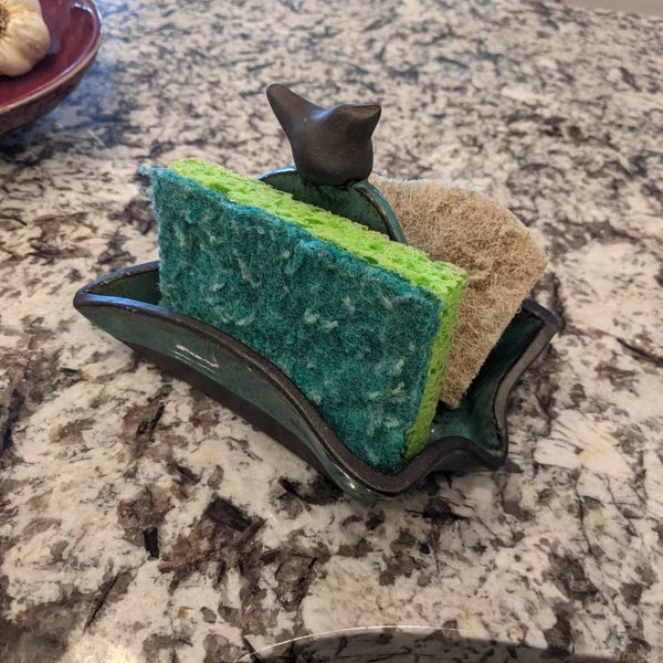 Handcrafted Ceramic Double Sponge Holder: Blue & Red Pottery With Bird ...