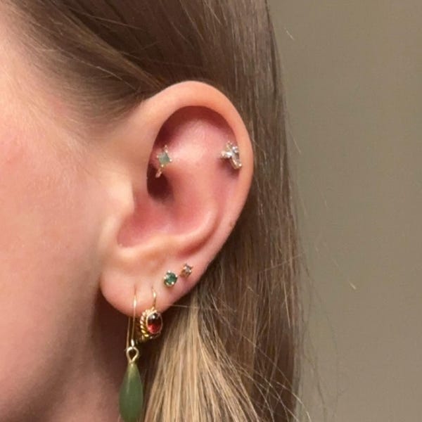 14K Gold Natural Moss Agate Conch Earring Daith Hoop Earring Rook Ring ...