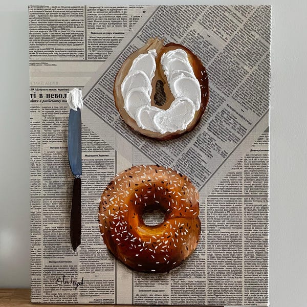 Bagel Painting Impasto Painting Original Acrylic Paining Newspaper Art ...