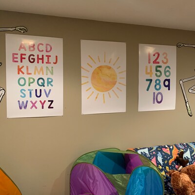 Playroom Wall Decor Alphabet Sun Numbers Watercolor Rainbow Nursery ...