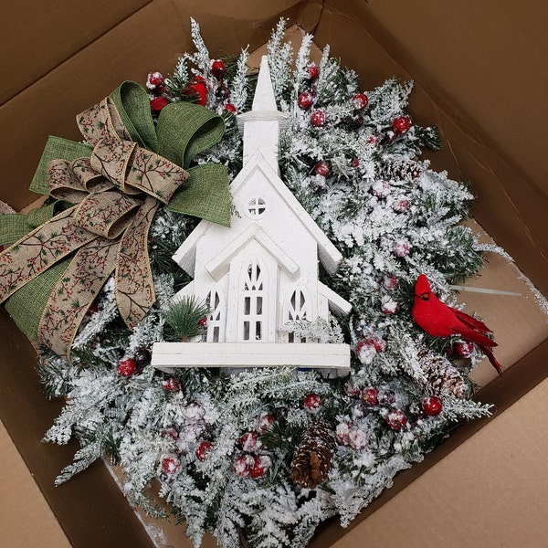 Rustic Church Wreath, Lighted Church Wreath, Holiday Winter Wreath ...