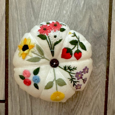 Flower Garden Embroidered Pin Cushion, Handmade Round Pumpkin ...