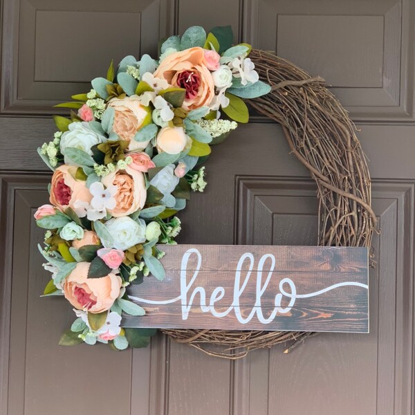 Front Door Wreaths, Spring Wreath, Hello Sign, Peony, Home Decor ...