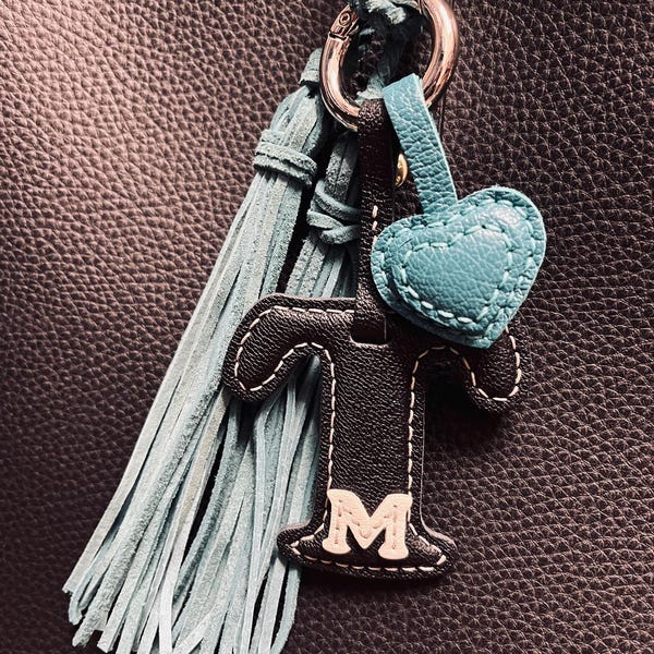 Personalized Initial Name Leather Bag Charm, Custom Handmade Keychain ...