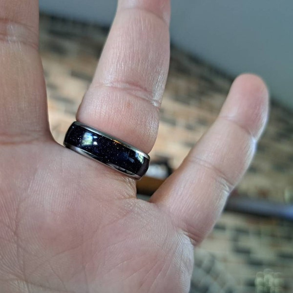 Nebula Blue Sandstone Ring Silver Polished Tungsten Wedding Ring Gold ...