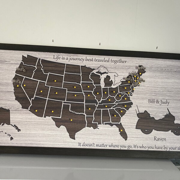 Motorcycle Travel Map Carved Into Wood Push Pin Friendly, Customize ...