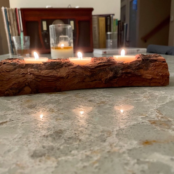 Rustic Woodsy Pine Log Pillar Candle 7" Tall for Tea Lights ...