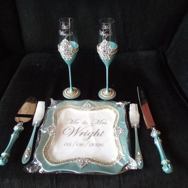 Turquoise Wedding Glasses Personalized Teal Wedding Flutes and Cake ...