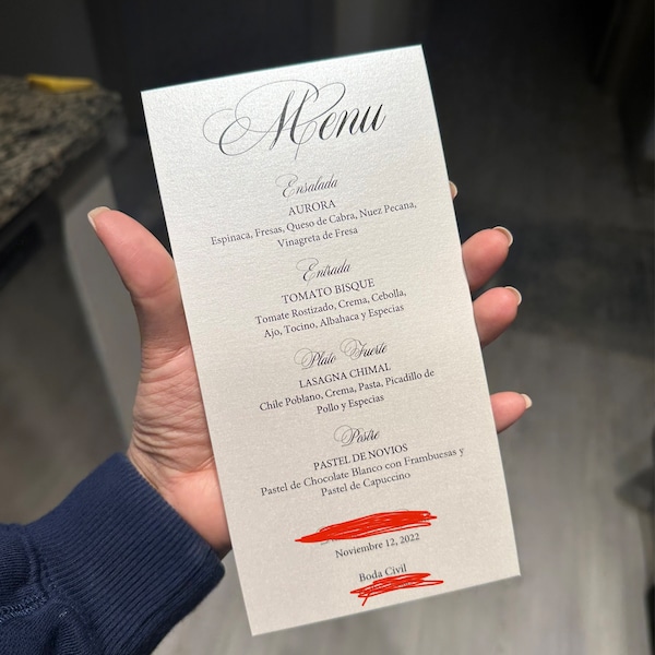 PRINTED Wedding Dinner Menu, 4x8" or 5x7" Card, Table Menu, Party ...
