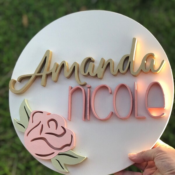 Wooden Name Sign Rose | 3D Name Sign Wood | Rose Nursery Decor |floral ...