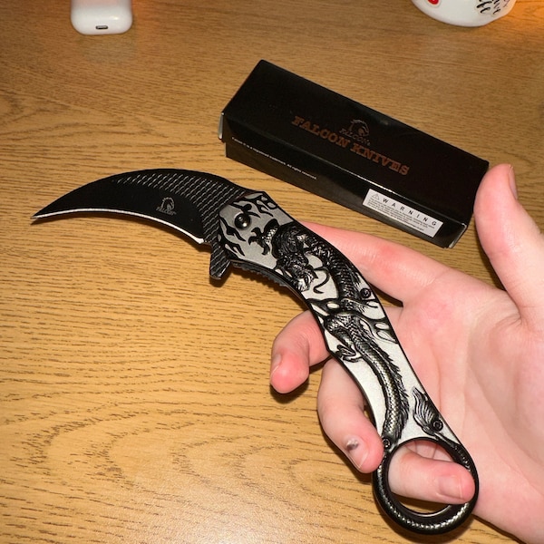 9” Luxury Karambit Spring Assisted Pocket Knife 3D Black Dragon Fiery ...