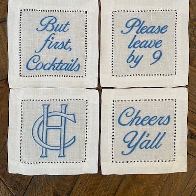 Custom Embroidered Linen Cocktail Napkins, Your Phrases or Ours, Set of ...
