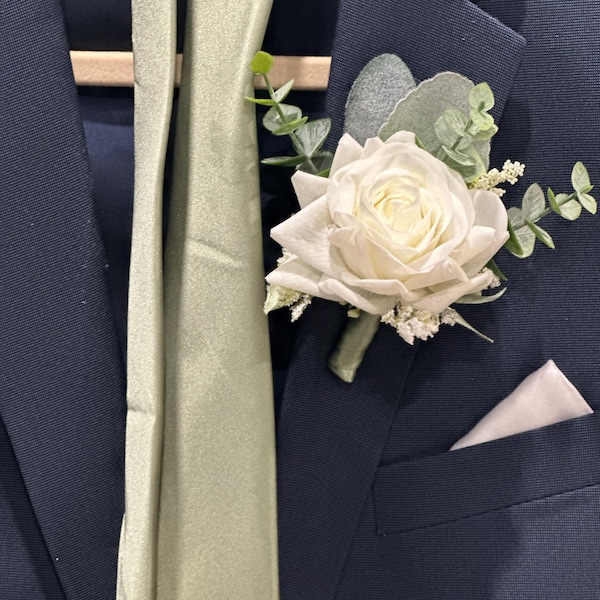 Boho Ivory Rose Boutonniere With Eucalyptu, Realistic Rose Wedding ...