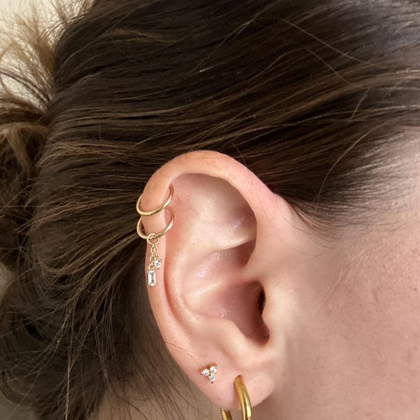 14K Solid Gold Dangle Triple Chain Moss Agate Cartilage Earring Helix ...