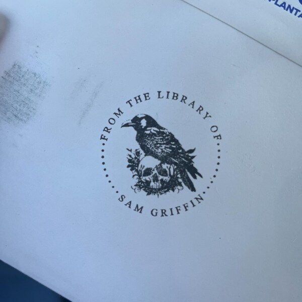 Horror Book Stamp Personalized | Raven on Skull Library Stamp Custom ...