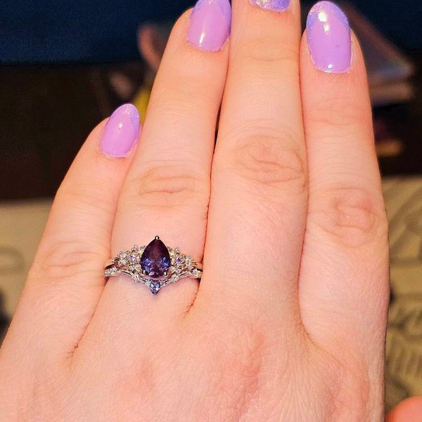 Vintage Pear Alexandrite Engagement Ring Rose Gold Leaf Flower Amethyst Ring Women Unique ...