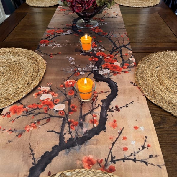 Designer Asian-inspired Table Runner, Golden Theme With Floral Tree ...