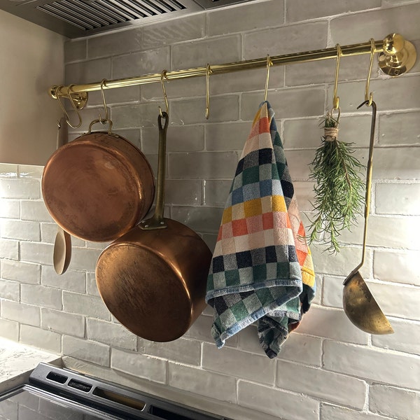 Handmade Unlacquered Brass Pot Rail: Rustic Kitchen Rack With S Hooks ...