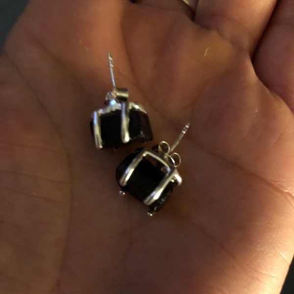 Black Obsidian Stud Earrings - 925 Sterling Silver Earrings - Raw Black ...