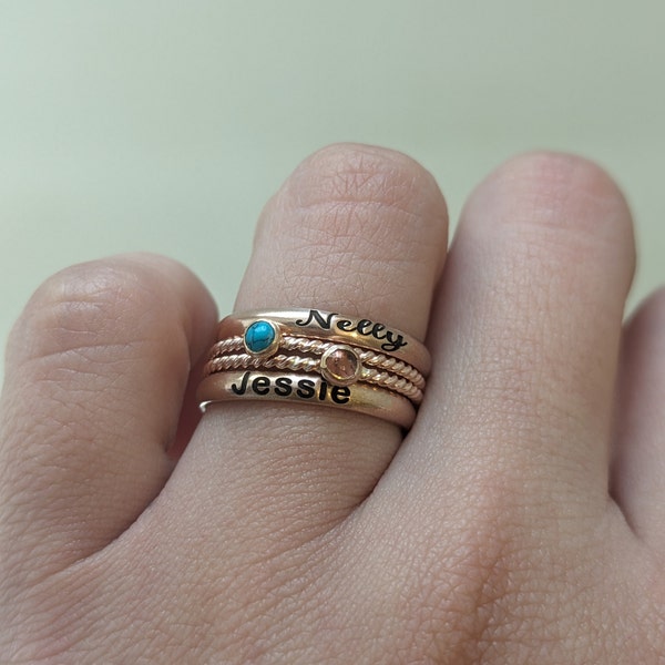 Rose Gold Name Ring Set // Personalized Stacking Name Rings // Custom ...