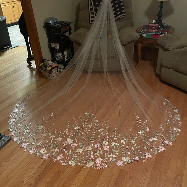 Ls98/embroidery Mix-color Veil/ Flower Veil/ 1 Tier Veil/ Bridal Veil ...