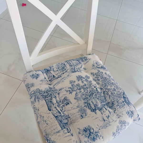 Blue Toile Chair Cushion: Cotton Mid-century Chair Pad With Ties - Etsy