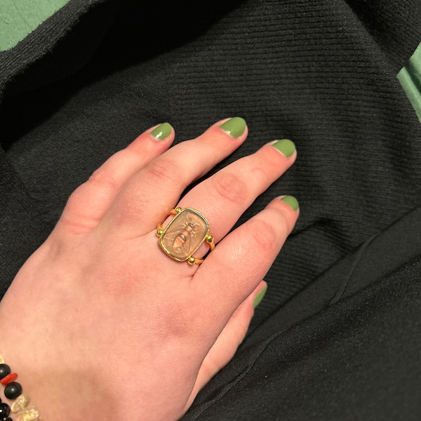 Handmade Enamel Bee Ring: 925 Silver, 24k Gold Vermeil, Roman Intaglio ...